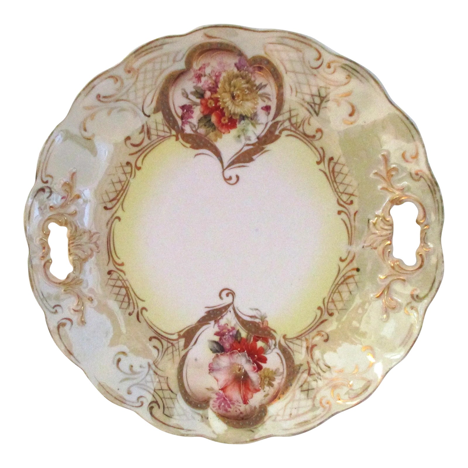 1940s Hand-Painted Lusterware Floral Porcelain Serving Dish | Chairish