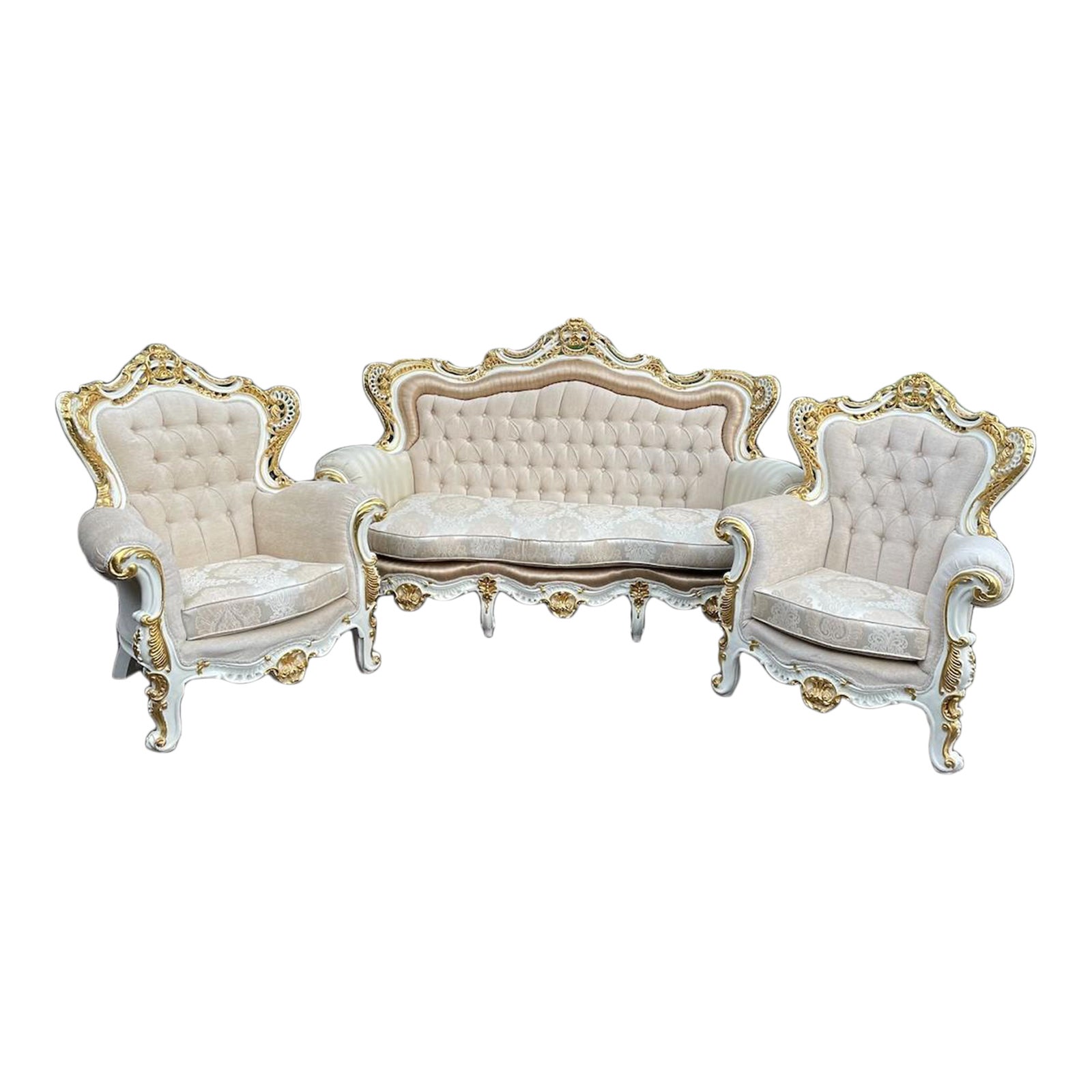Late 20th Century Italian Baroque Sofa Set in Lacquer Beech and Damask ...