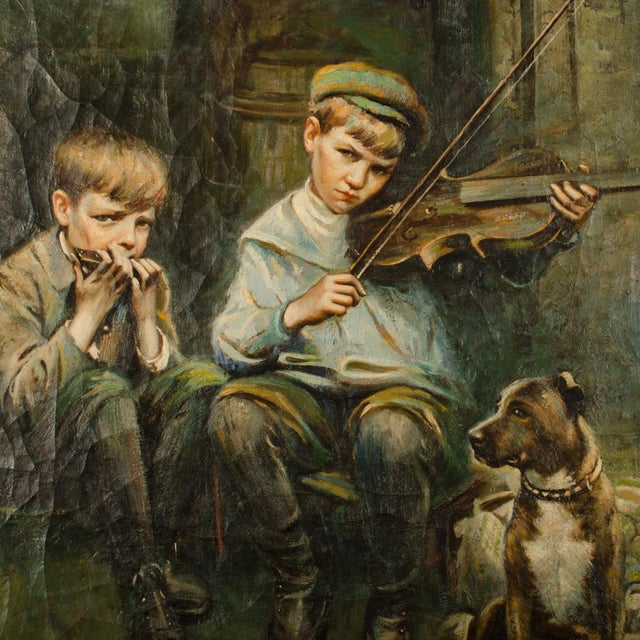 Early 20th Century "Two Boys and a Dog" Figurative Oil Painting by ...