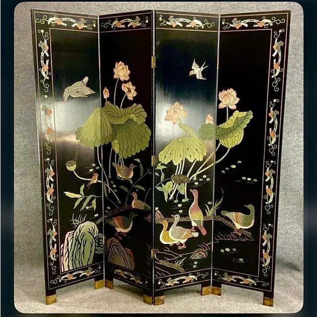 1960’s Black Lacquered Asian Hand-Painted 4 Panel Room Divider | Chairish