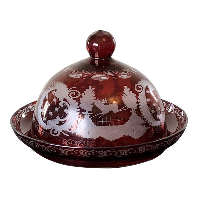 1940s Egermann Ruby Red Cut to Clear Glass Cheese Dome, Czech Crystal ...