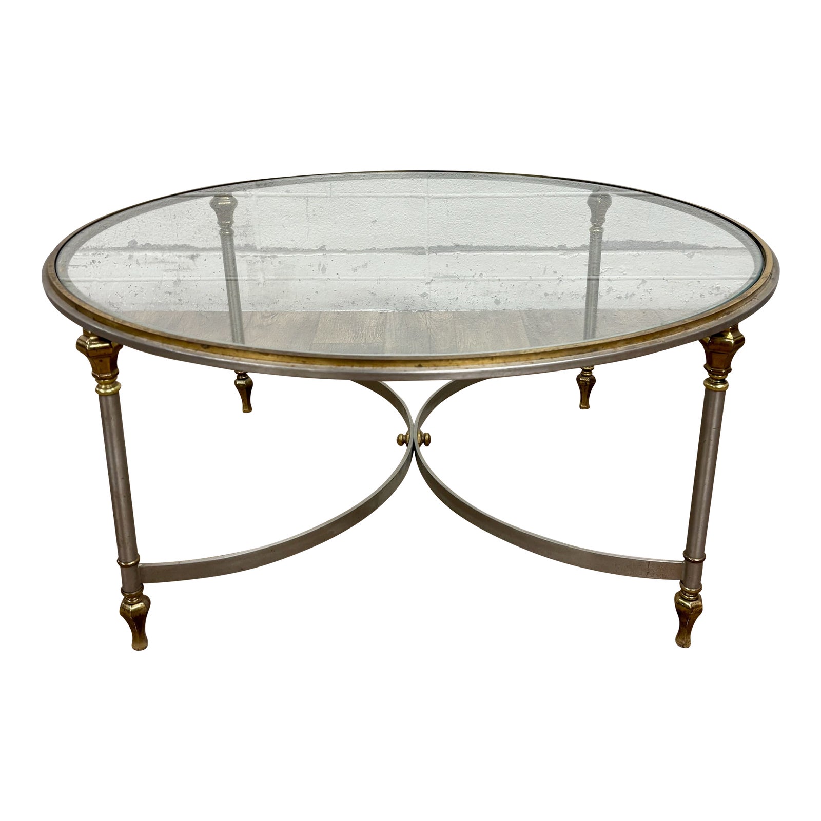 Vintage MCM Round Chrome or Pewter, Brass, and Glass Coffee Table ...