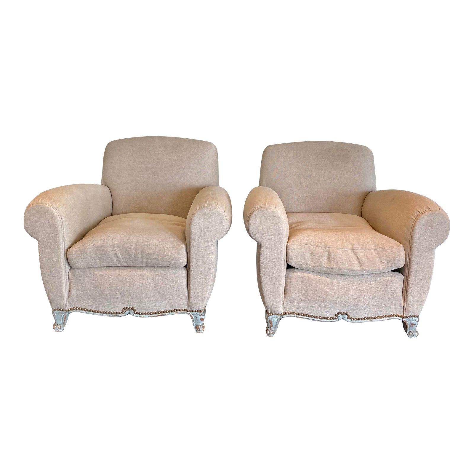 Antique French Linen Club Chairs - a Pair | Chairish