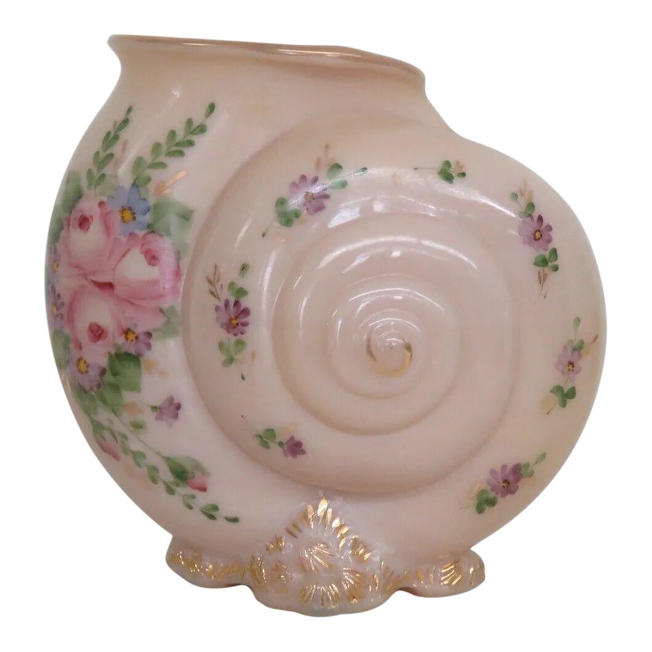 Cambridge Glass Shell Vase Crown Tuscan Nautilus Painted Flowers Gold ...