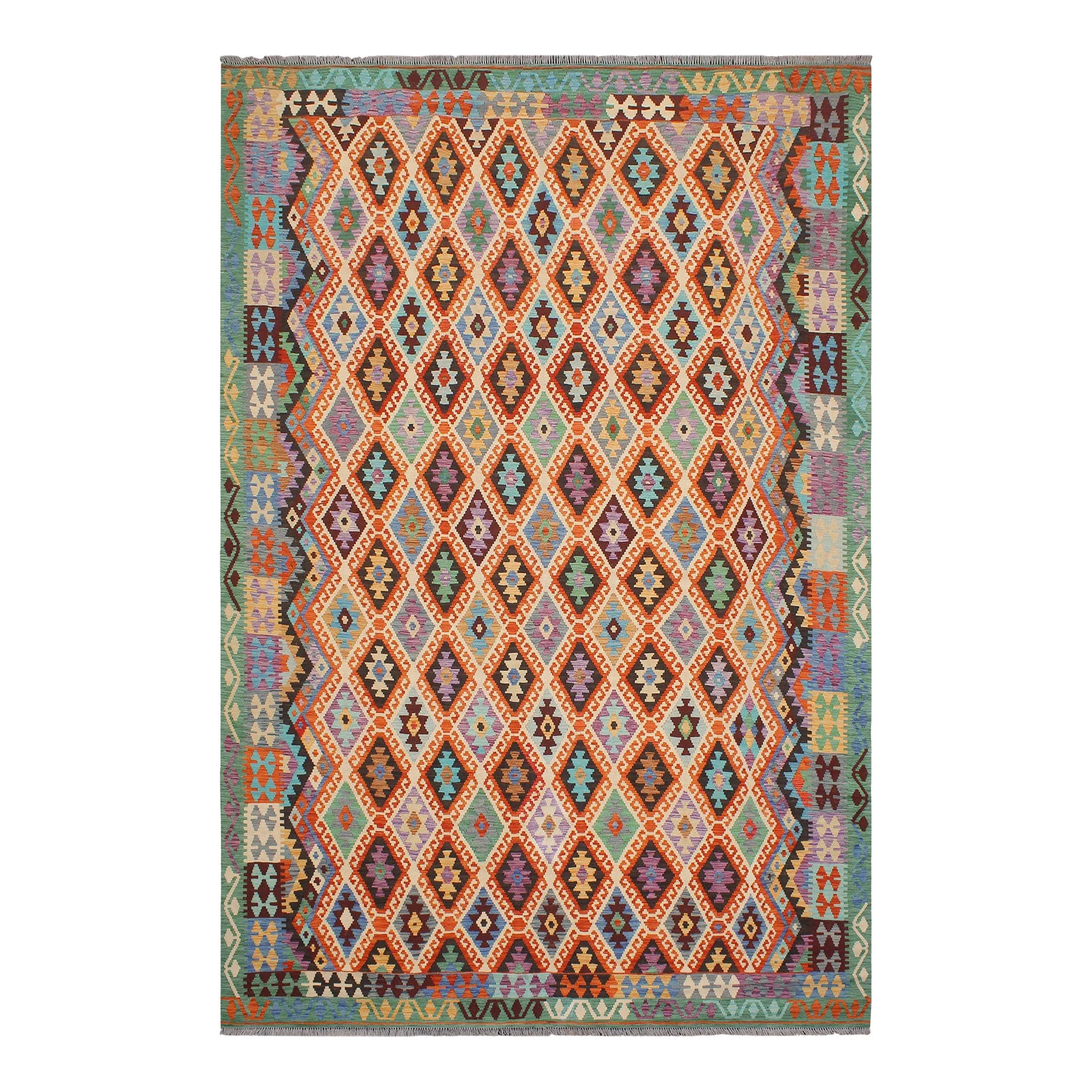 Boho Chic Kilim Beige Green Wool Rug - 8'6" X 11'4" | Chairish