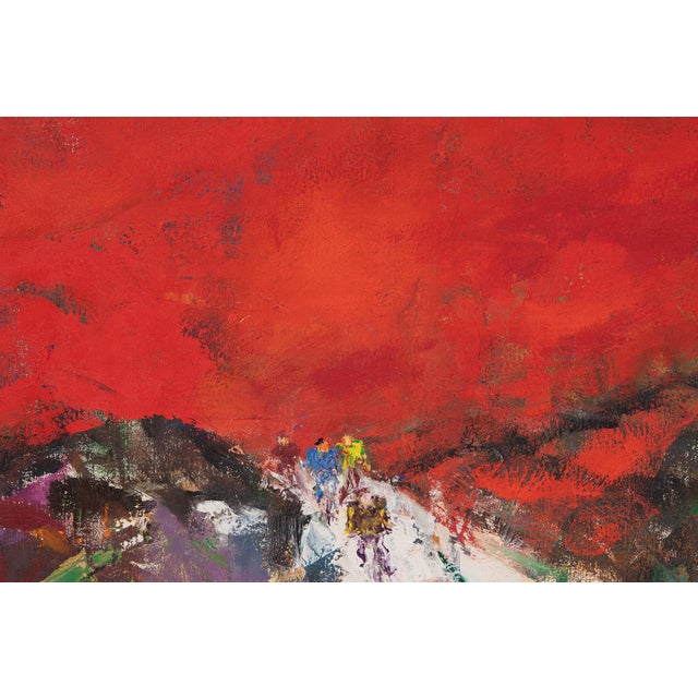 Expressionist Eleanor Coen Red Landscape With Cyclists Painting | Chairish