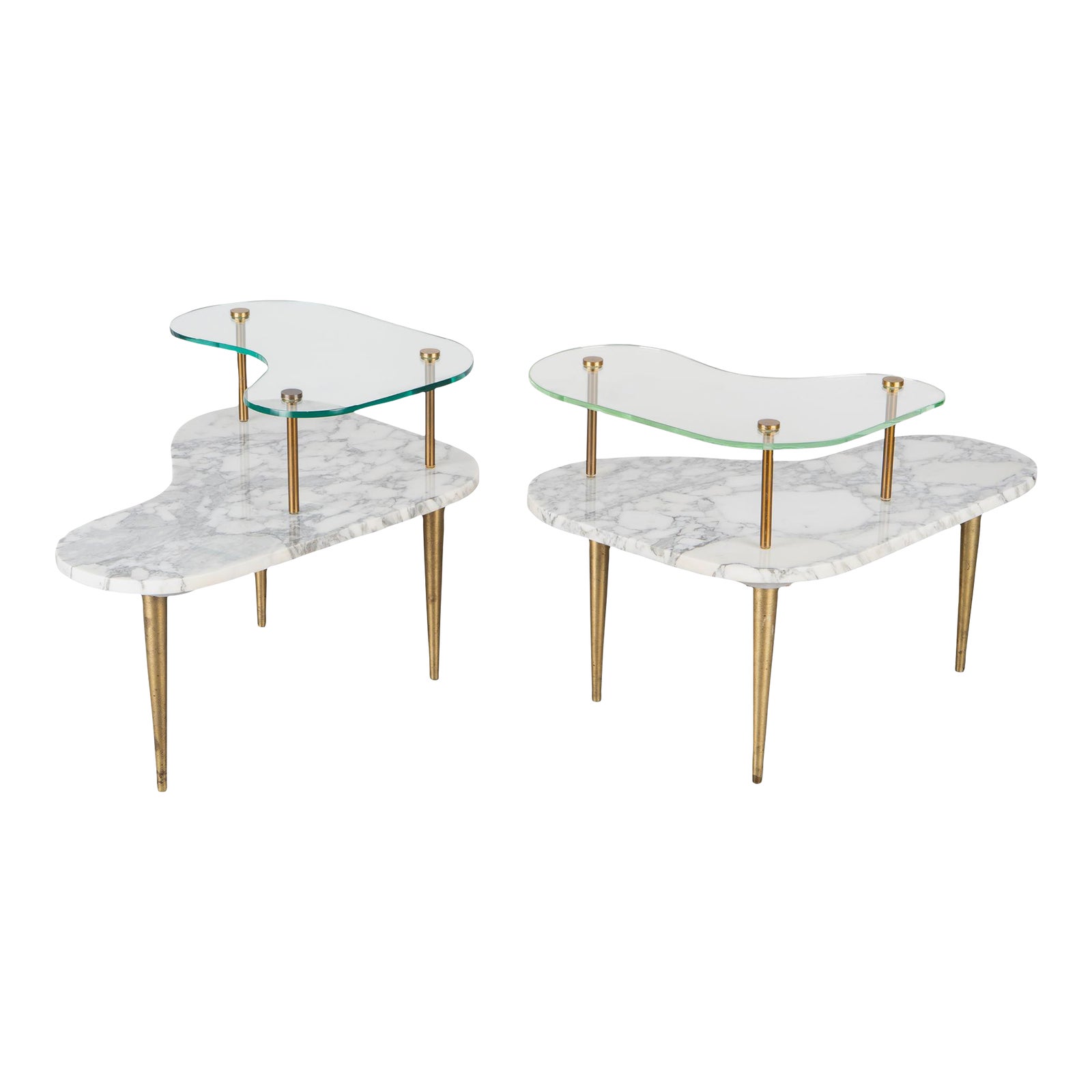 Tiered Italian Organic Form Accent Tables in Carrara Marble, Glass ...