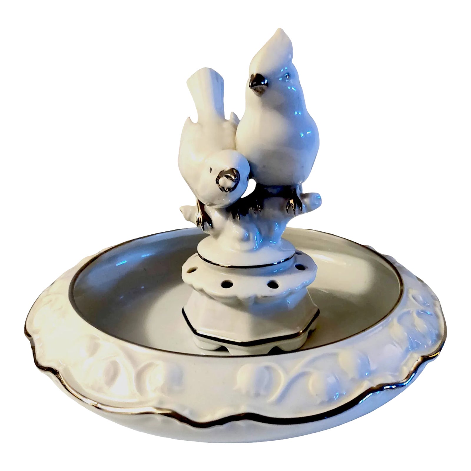 Dresden & Gerold Porzellan Bavaria Silver Trimmed Bird Bath Flower Frog ...