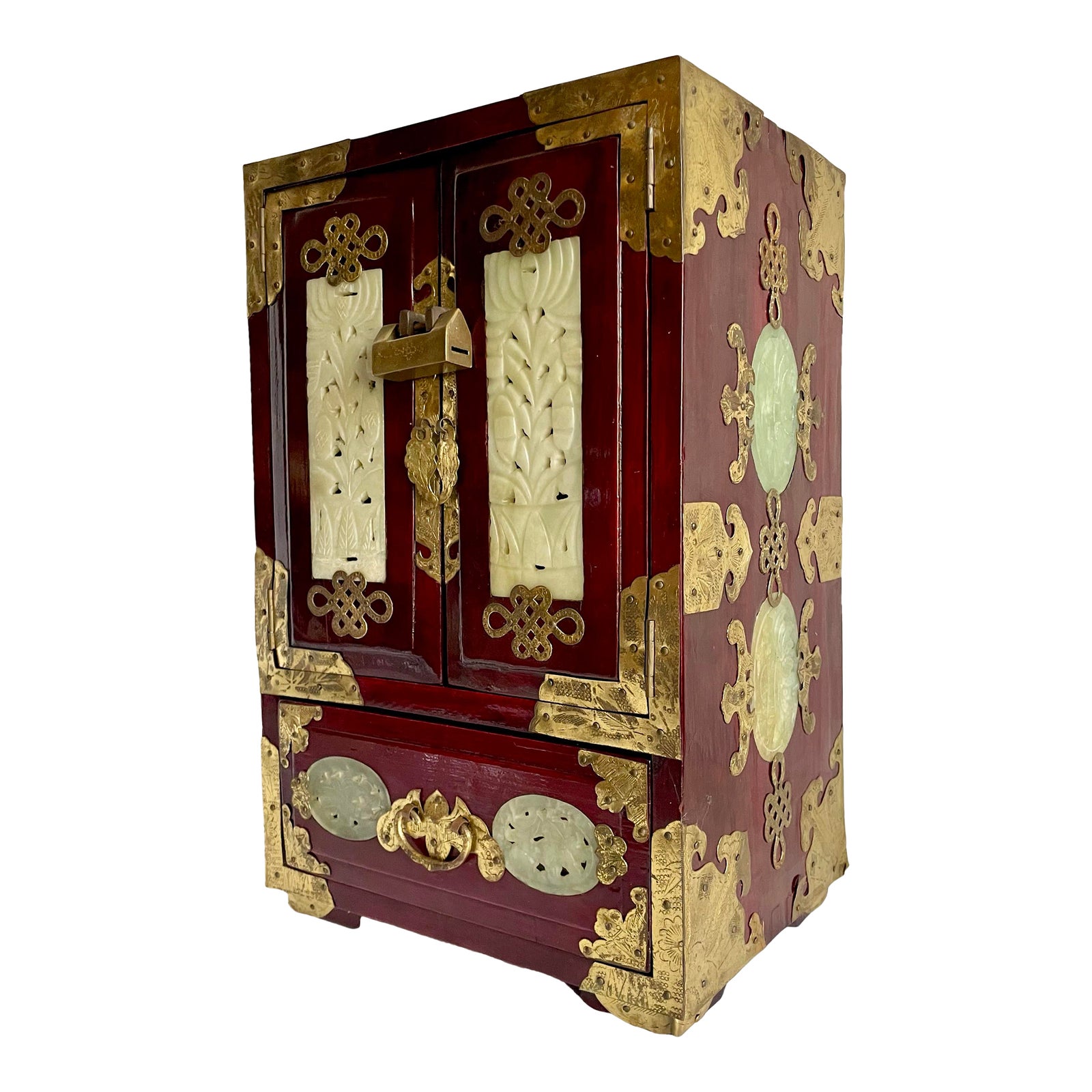 Antique Asian Chinese Wood and Carved Jade Jewelry Box | Chairish