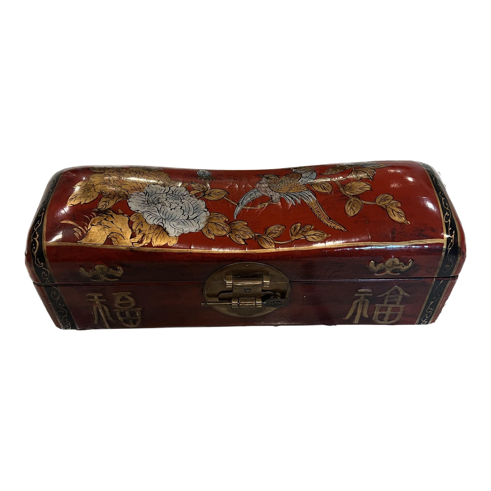 Antique Chinese Red Leather Lacquered and Gold Painted Box With Birds ...