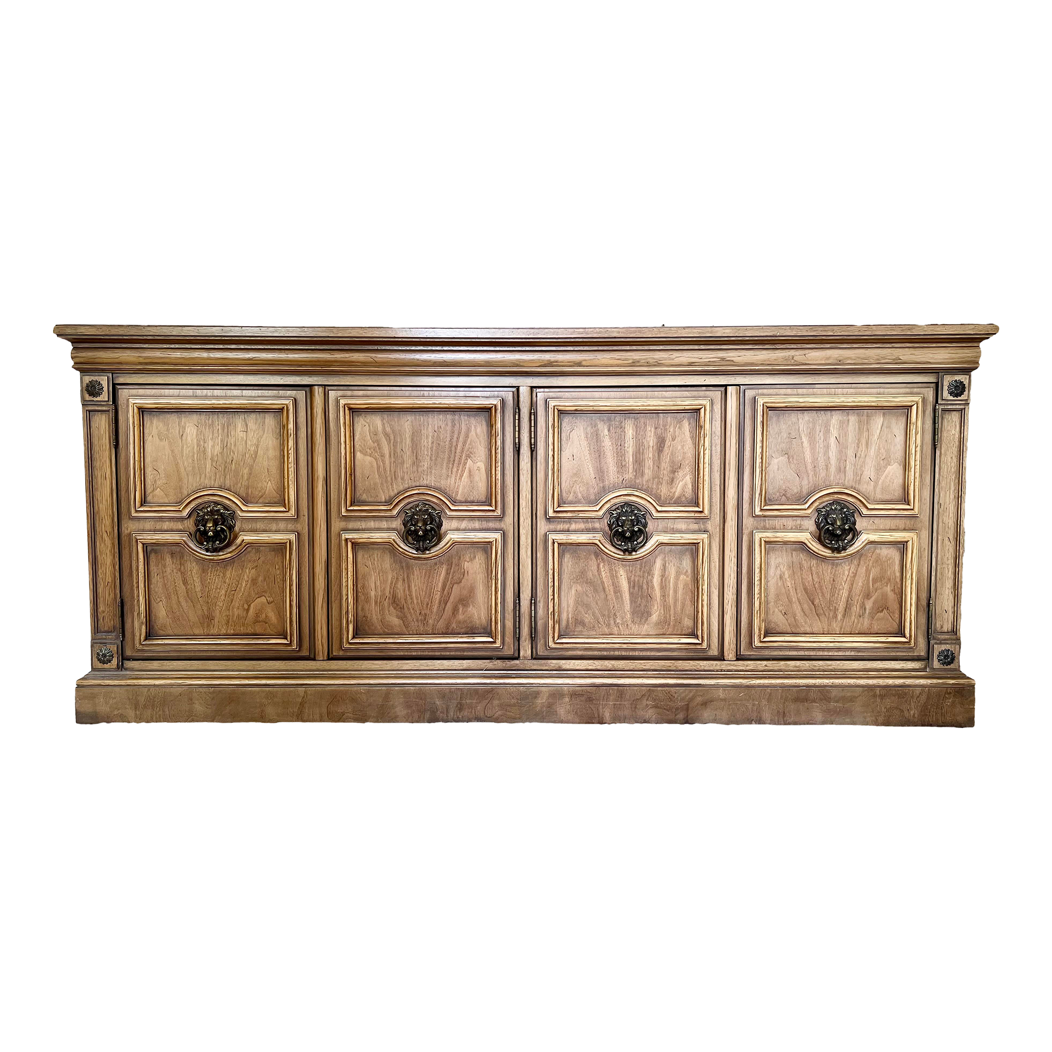 Vintage 1960 s Neoclassical Blonde Beige Light Brown Solid Wood Thomasville Buffet Sideboard Credenza With Lion s Head Pulls