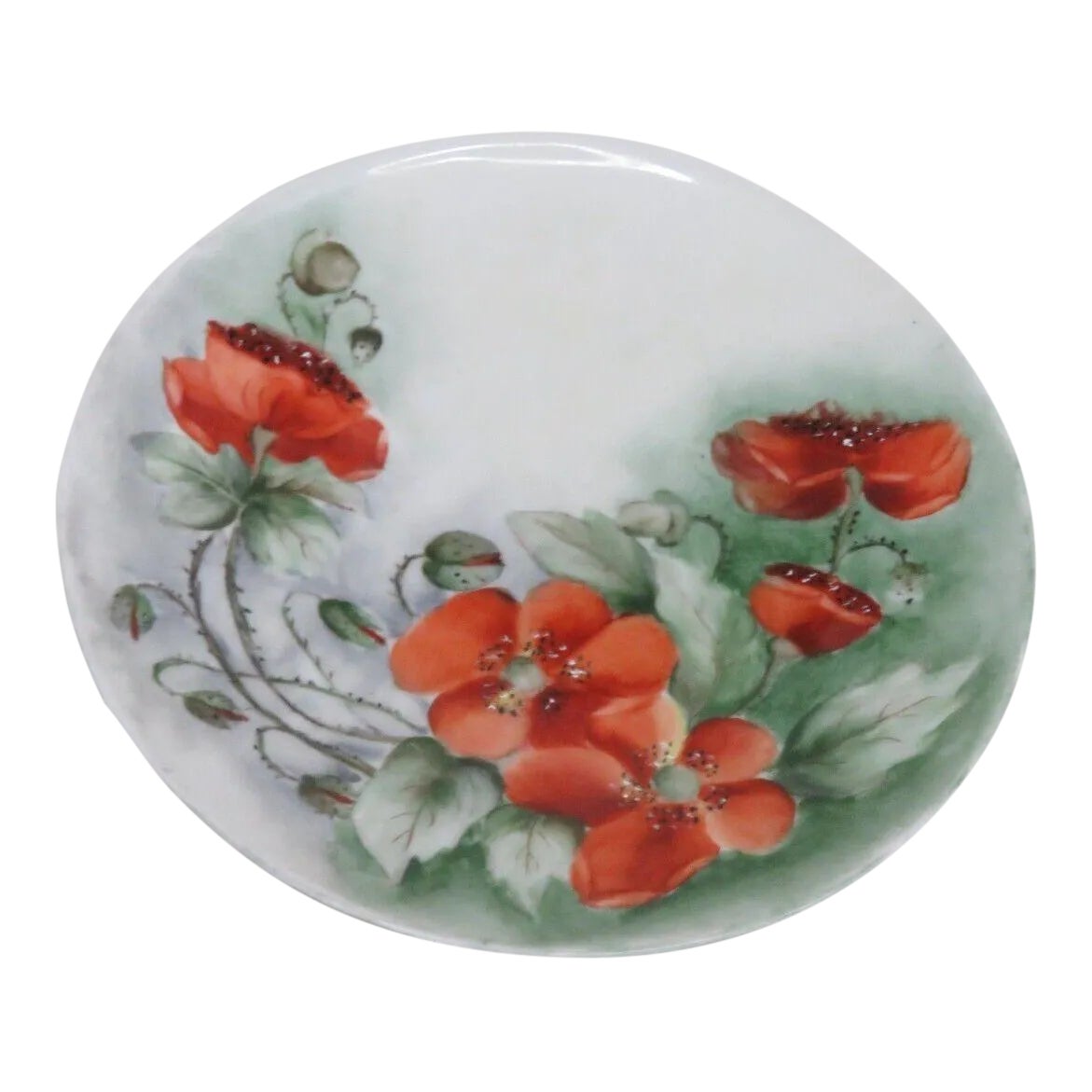 Mz Austria Porcelain Hand Painted Green Red Poppy Flowers Plate | Chairish