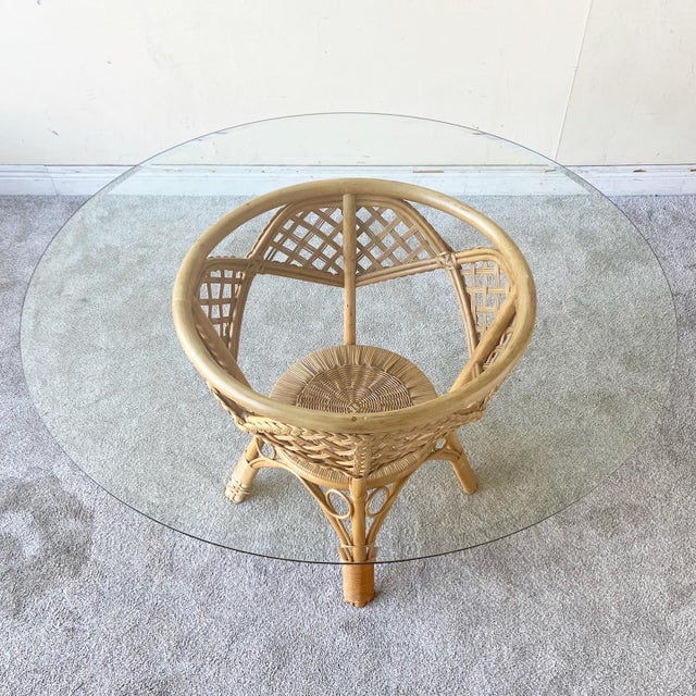 1980s Boho Chic Rattan and Woven Wicker Circular Glass Top Dining Table ...