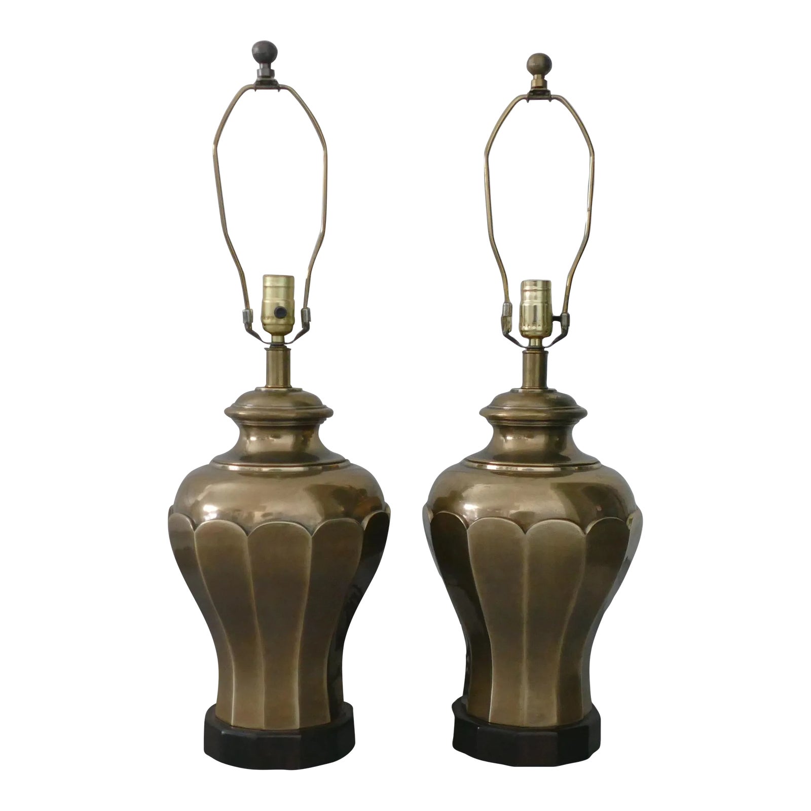 Pair Mid-Century Modern Brass Lamps Original Finials | Chairish