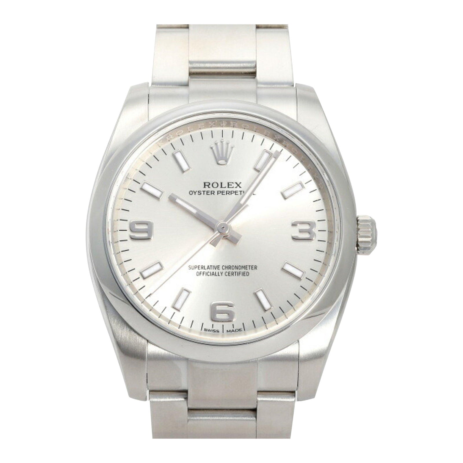 Rolex Oyster Perpetual 114200 Silver 369 Arabic Dial Watch Men's | Chairish