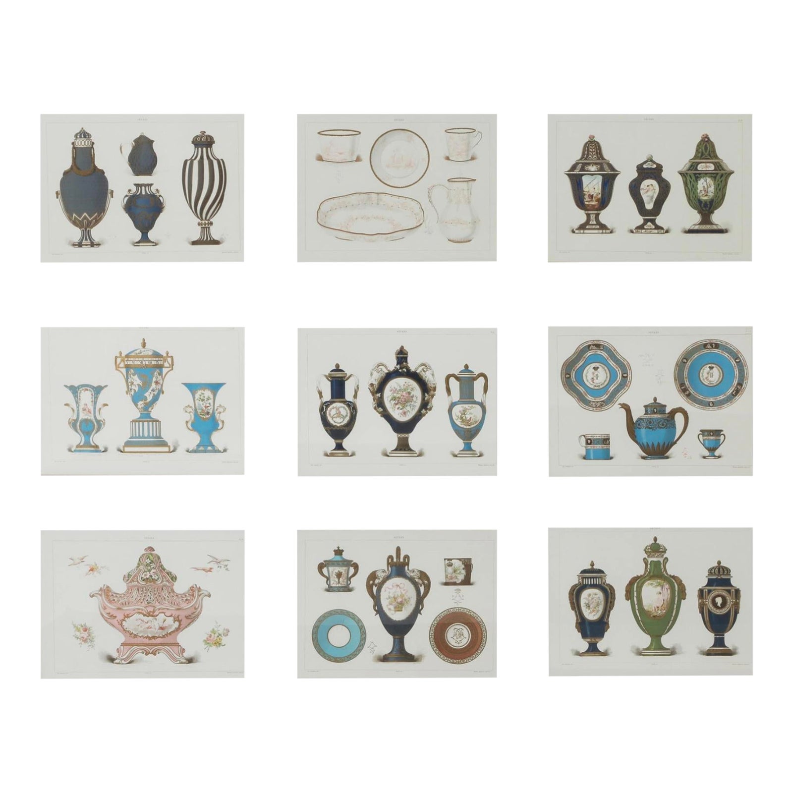 Set of 9 Antique Edouard Garnier Engraving Prints of Sevres Porcelain ...