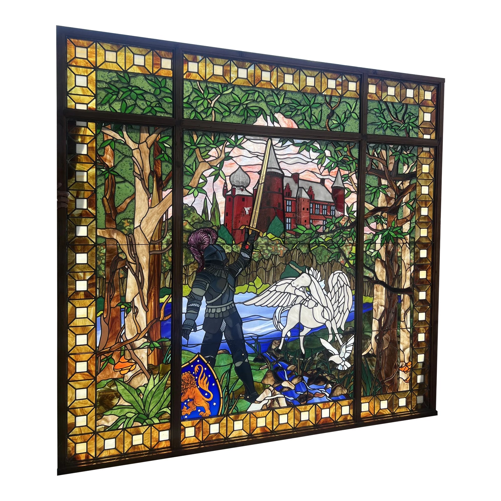 Contemporary Stained Glass Window With Castle Scene and Unicorn and ...
