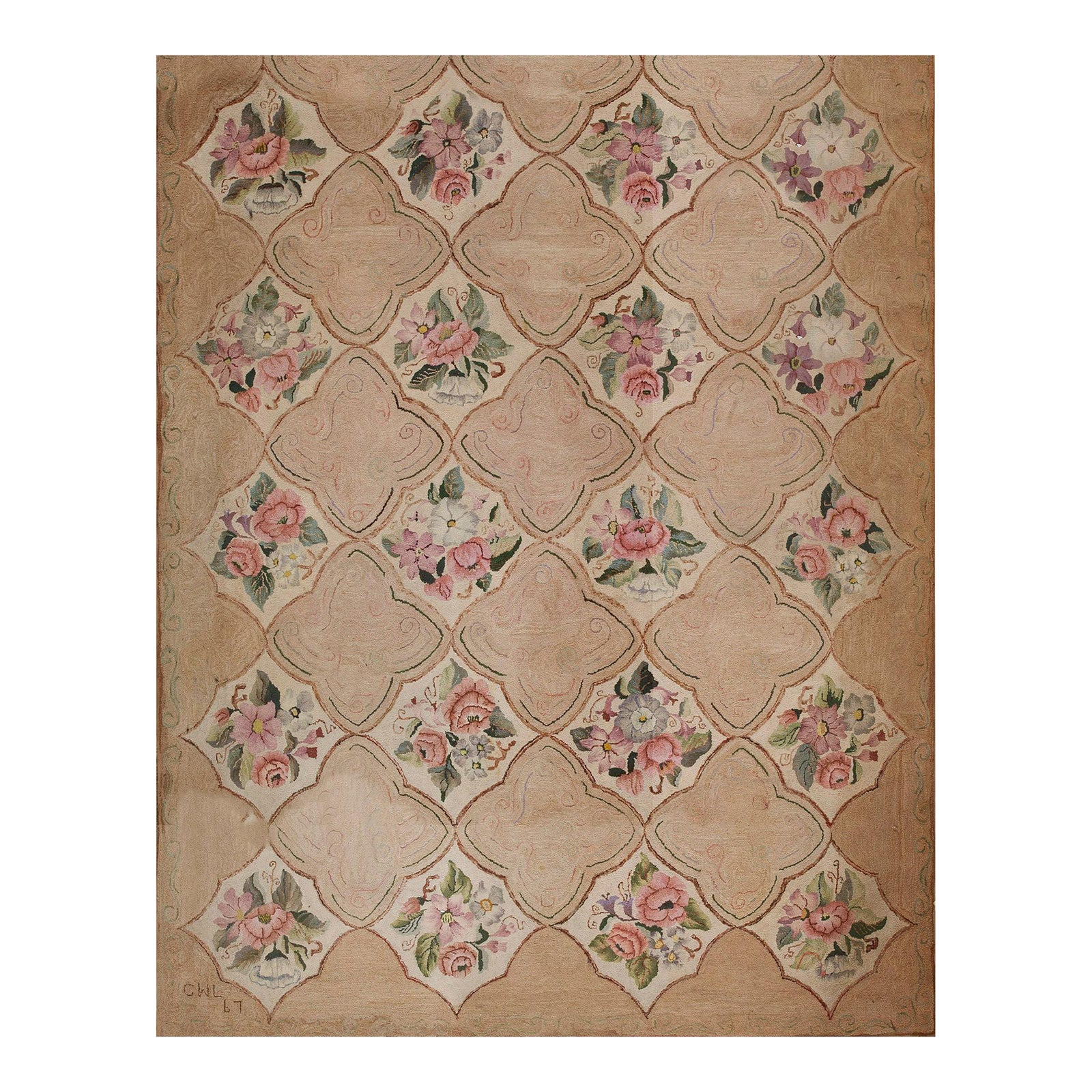 1960s Tan Camel Floral Folk Art Vintage American Hooked Rug 5'3" X 6'7 ...