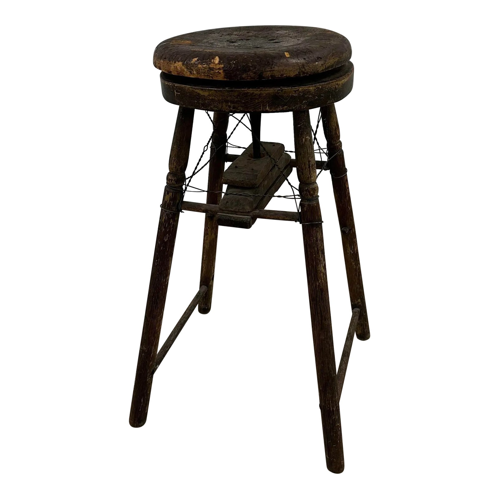 Early 20th Century Antique Primitive Handmade Swivel Stool | Chairish