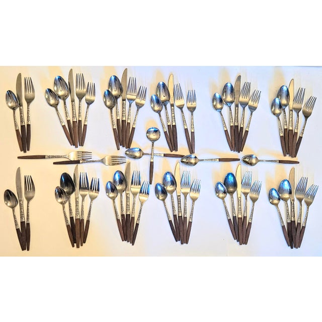 Mid Century Wood Handled Flatware - Set of 62 | Chairish