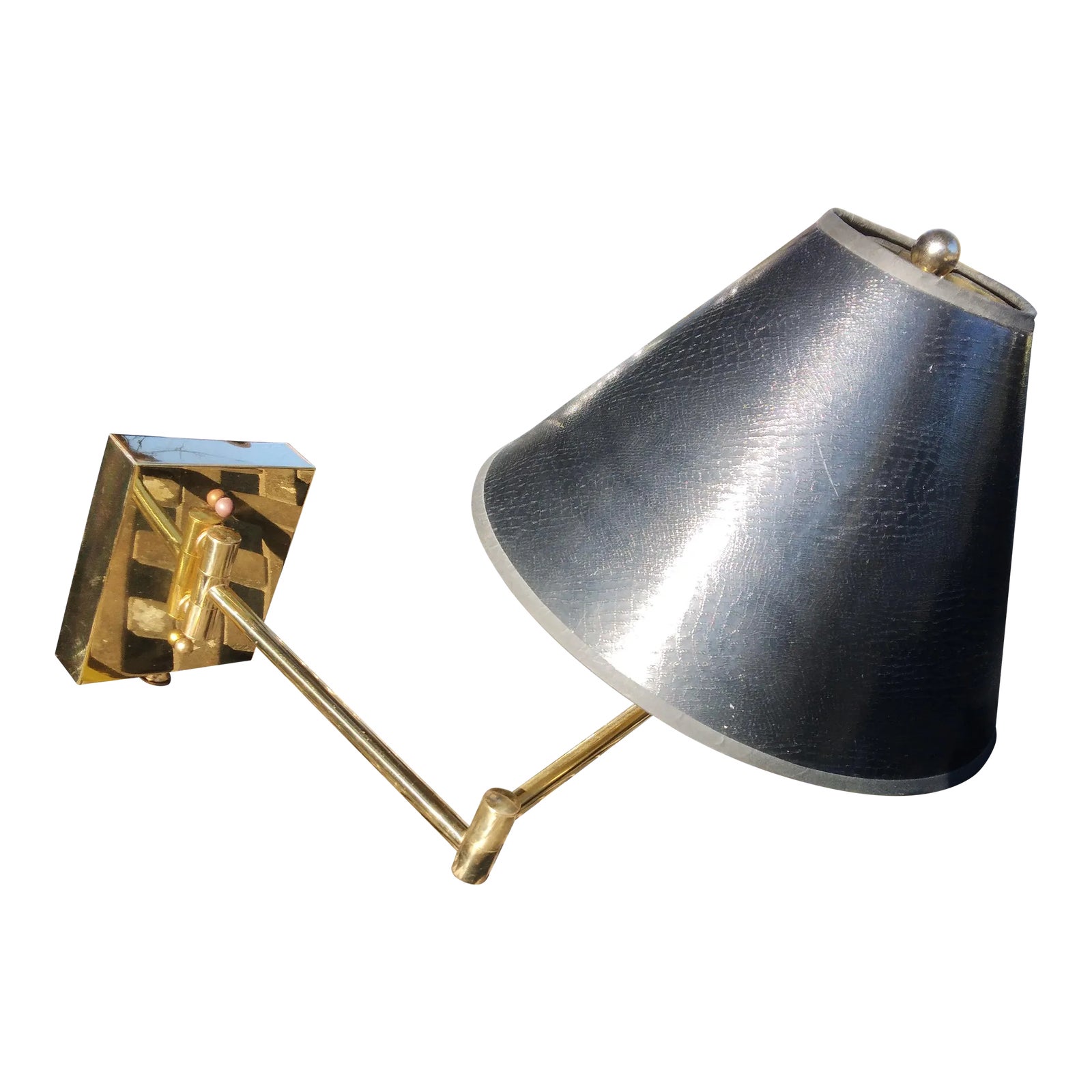 1980s Brass Swing Arm Lamp Wit Faux Black Snake Skin Shade | Chairish