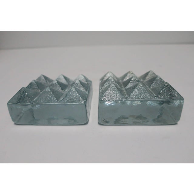 Ice Blue Blenko Glass Pyramid Bookends, Pair | Chairish