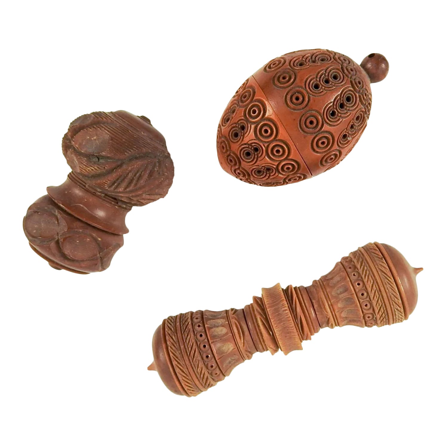 Antique Carved Vegetable Ivory Tagua Needle & Thimble Cases - Set of 3 ...