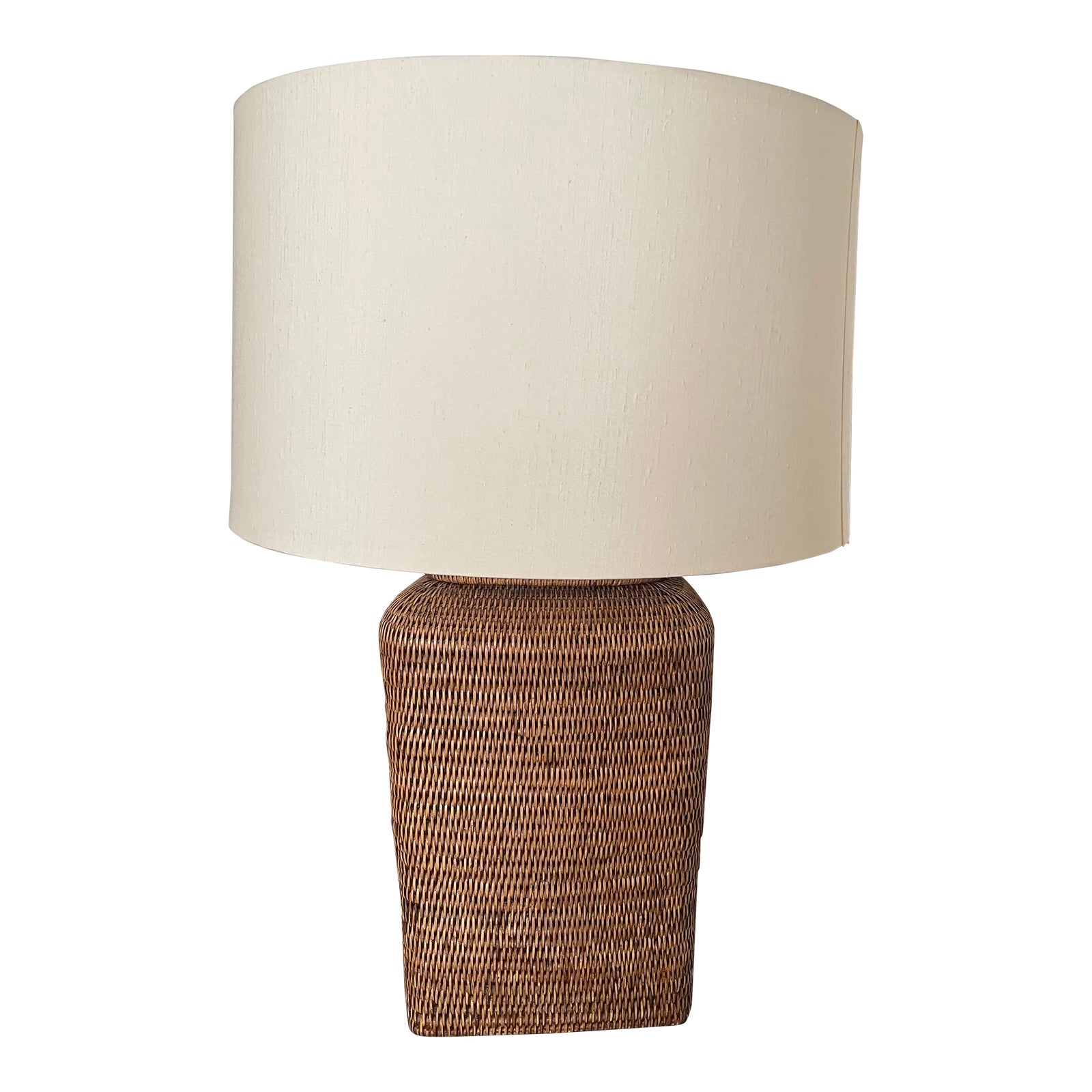 Large Woven Rattan Table Lamp With Silk Shade | Chairish