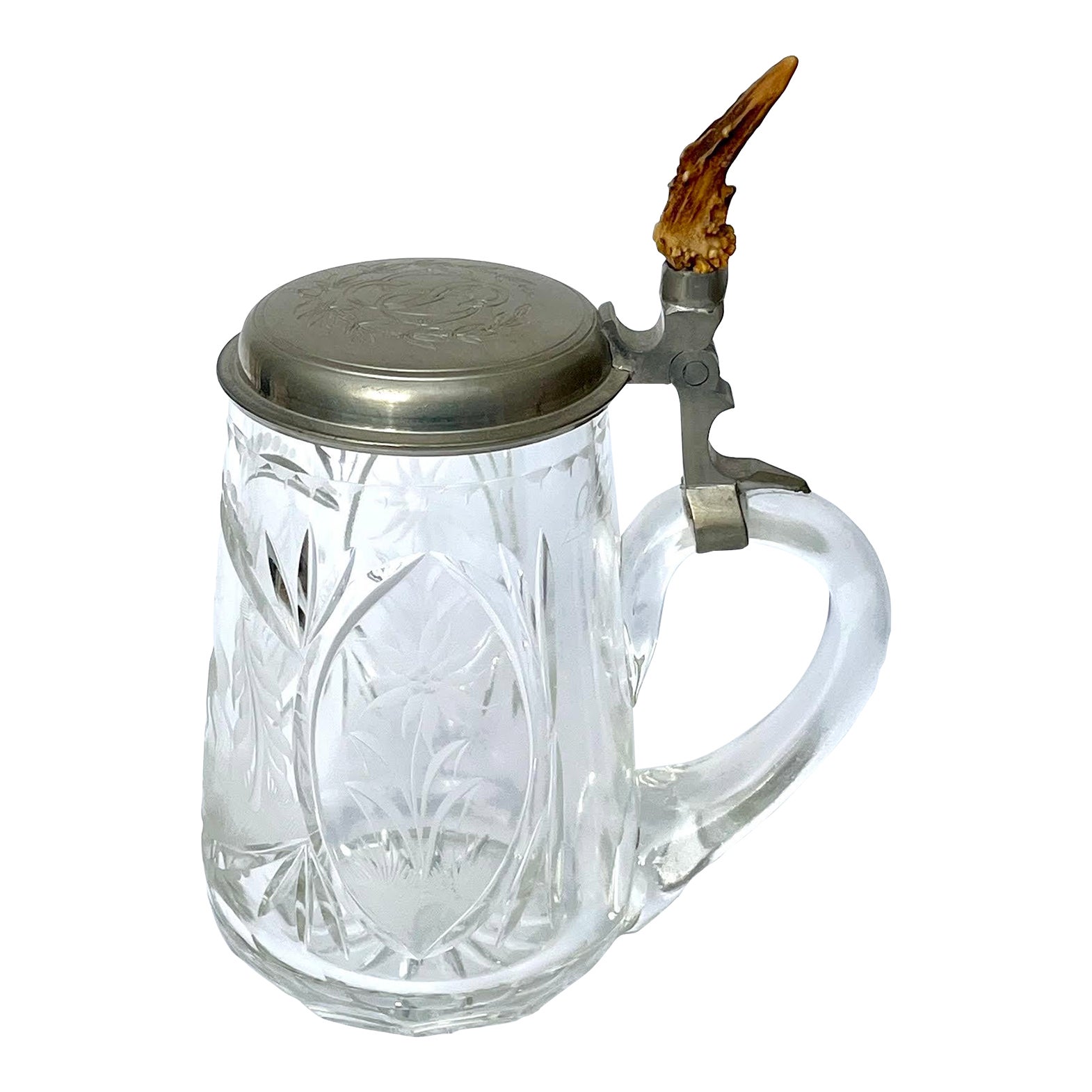 Antique German Bavarian Cut Glass Etched Beer Stein With Deer Stag ...