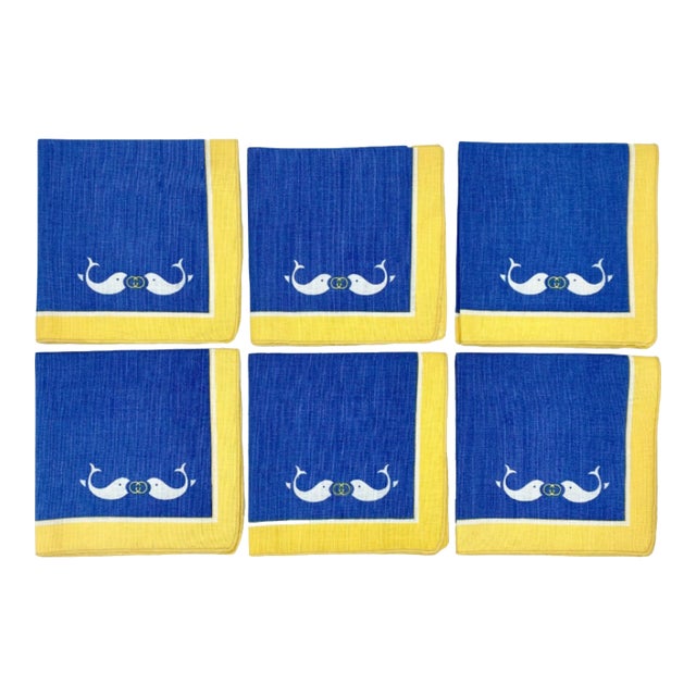 Vintage Gucci Set of 6 Blue & Yellow Whale Nautical Cocktail Napkins ...