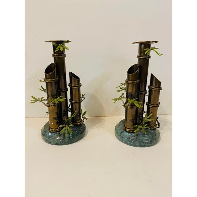 Bamboo Shape Metal Candlesticks - a Pair | Chairish