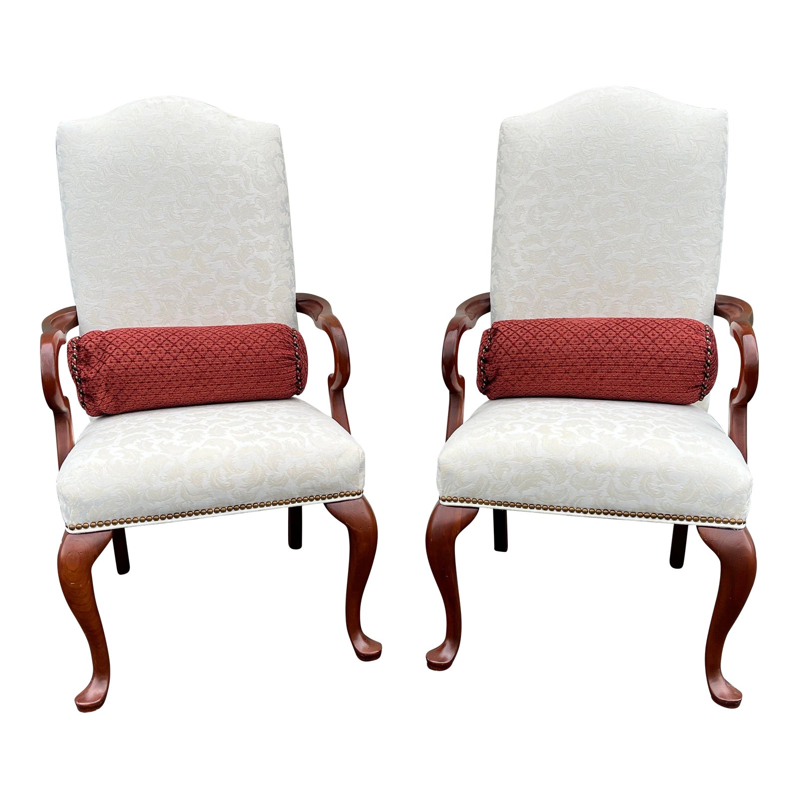 1980s Ivory Damask Pattern Gooseneck Arm Chairs- a Pair | Chairish