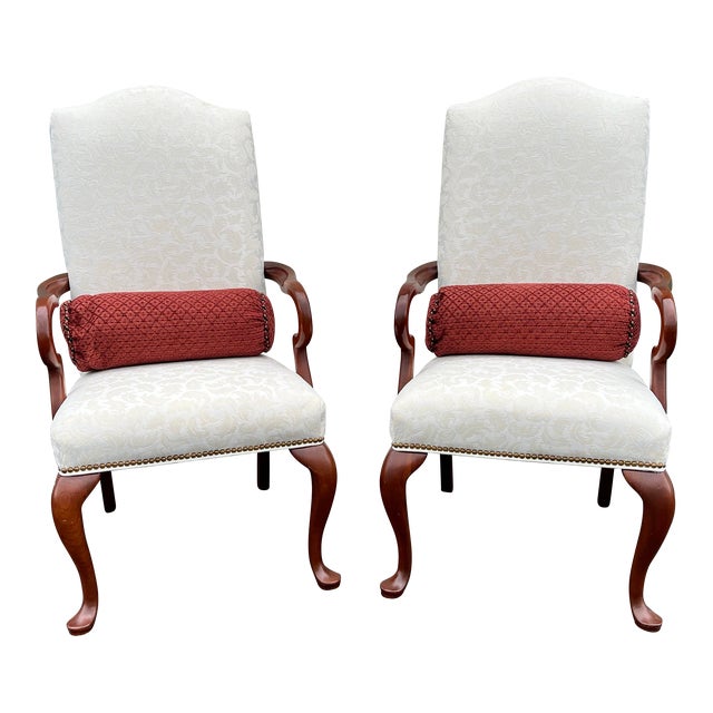 1980s Ivory Damask Pattern Gooseneck Arm Chairs- a Pair | Chairish