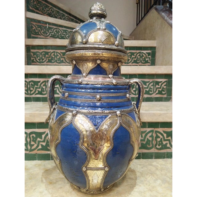 Moroccan Blue Pottery Vase With Yellow Brass and Red Copper ,Handmade ...