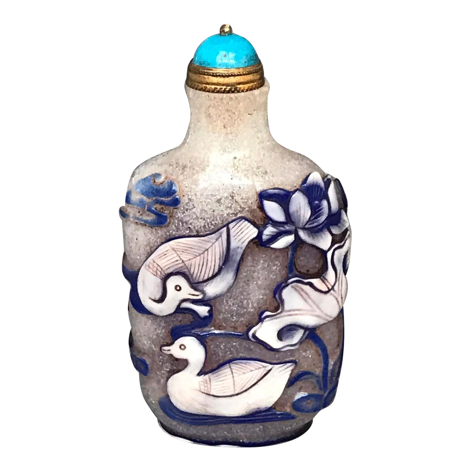 Frosted Glass Snuff Bottle With Blue Overlay Design of Fish Ad Ducks ...