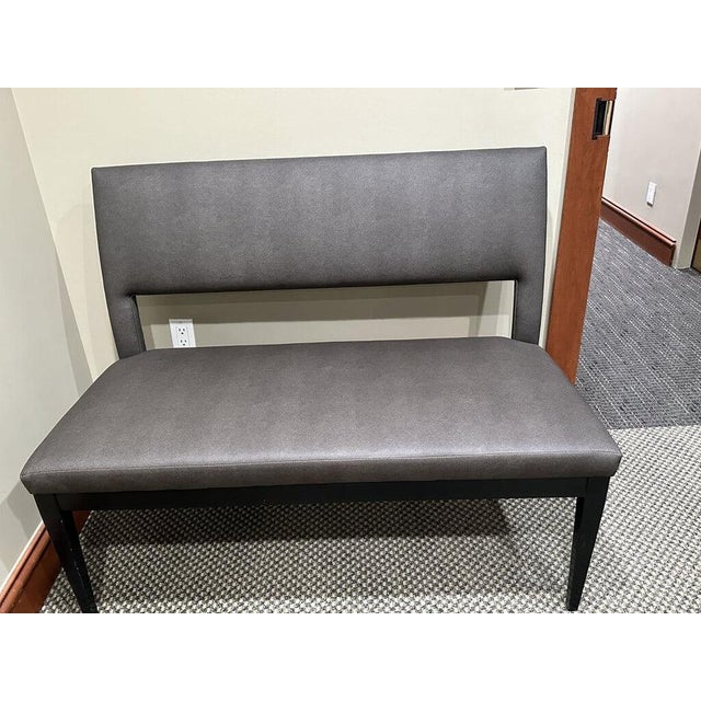 Blue-Gray Vinyl Hall Bench with Java Legs | Chairish