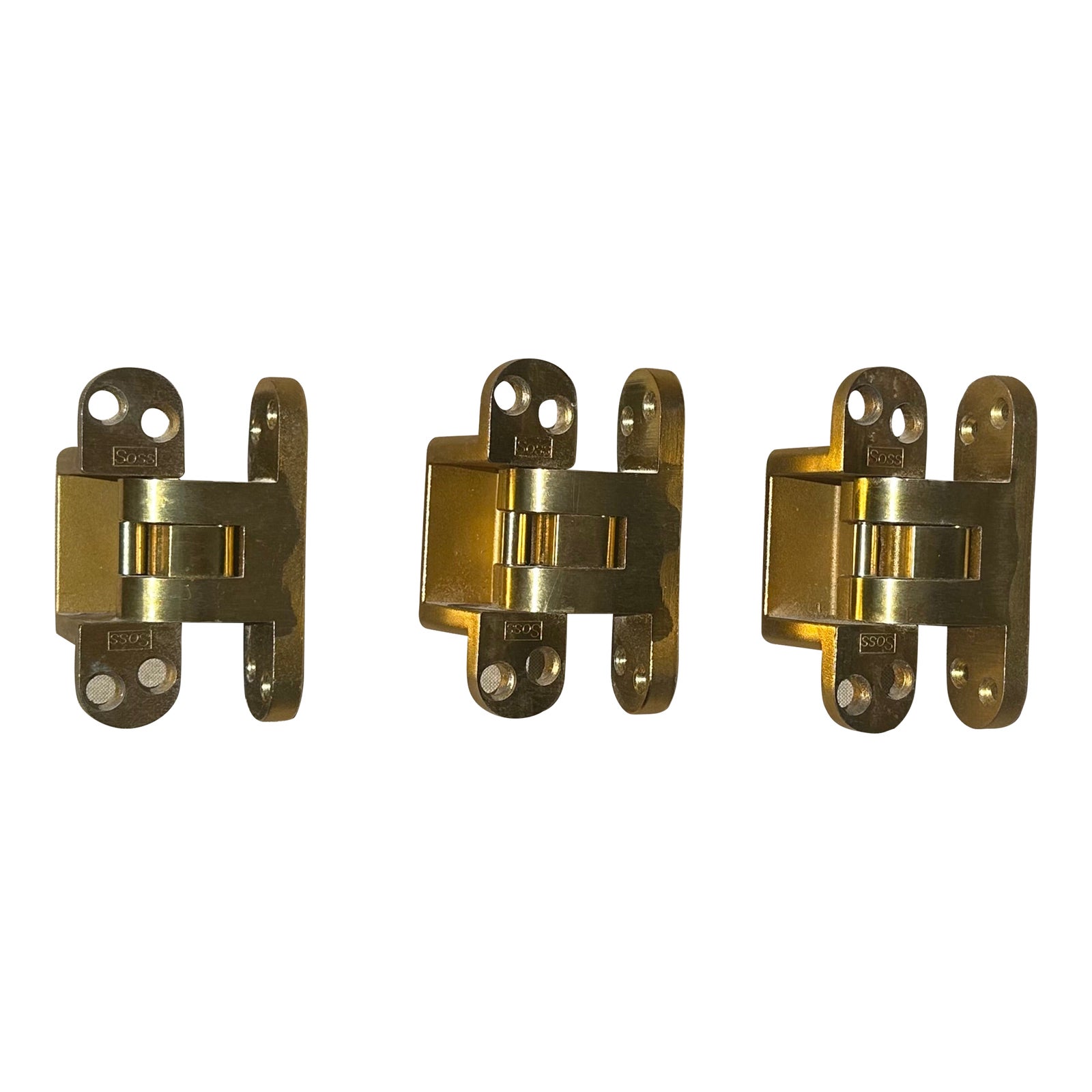 Soss Model 518 Wrap-Around Invisible Hinges in Brass - Set of 3 | Chairish