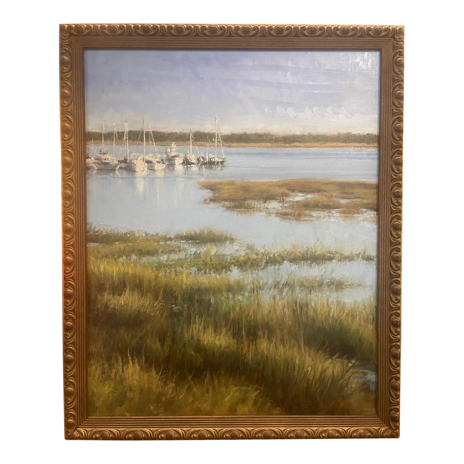 Framed Oil on Canvas Panel "Grassy Inlet" by Sue Foell | Chairish