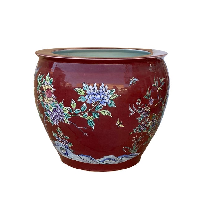 Chinese Oriental Vintage Porcelain Red Flower Birds Graphic Pot | Chairish