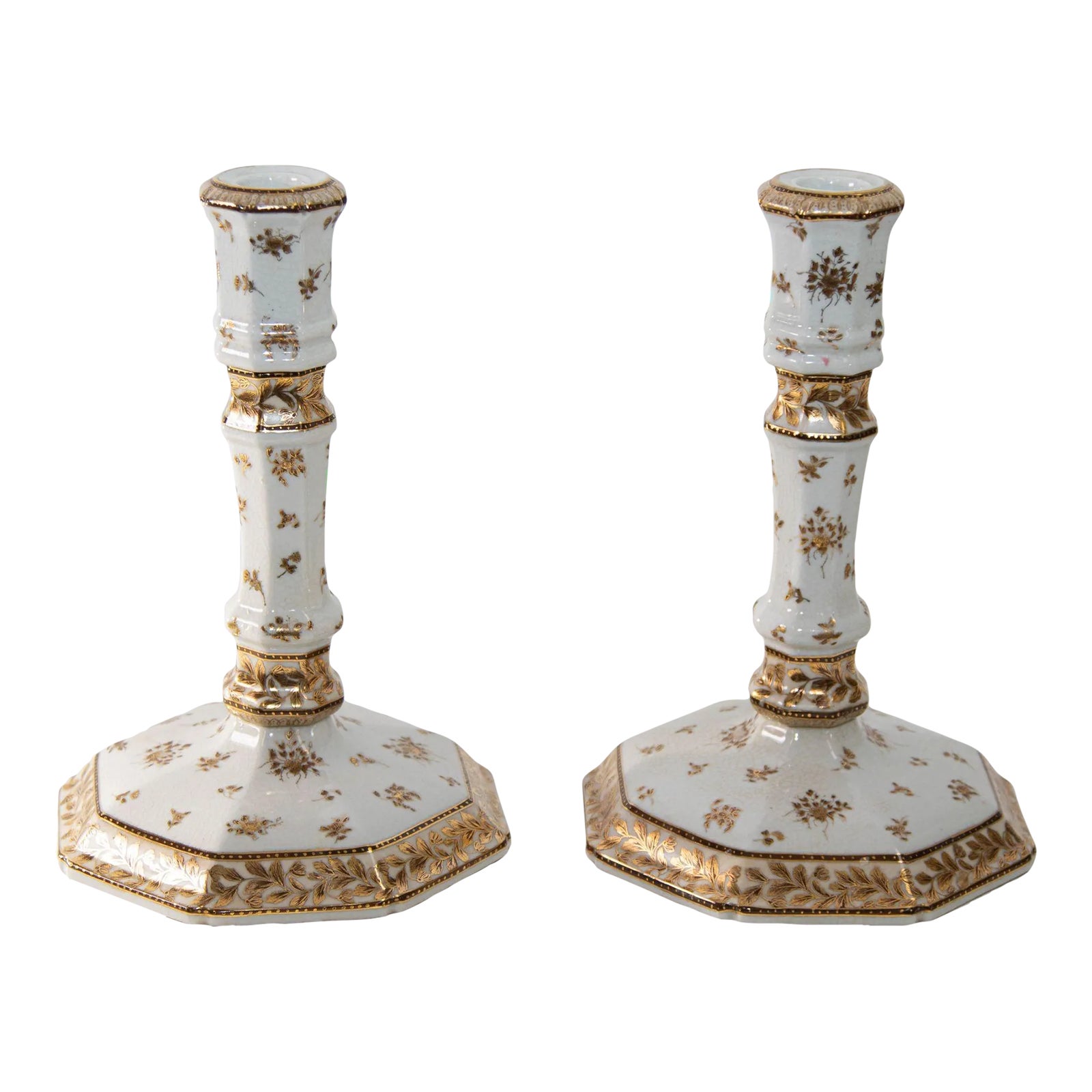 United Wilson Georgian Style Enameled Porcelain Gilded Candlesticks a ...
