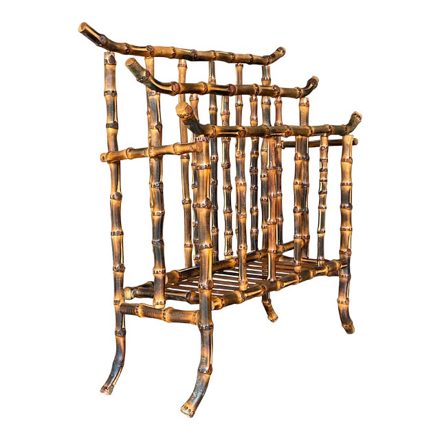 Vintage Coastal Tortoise Shell Finish Bamboo Magazine Rack | Chairish