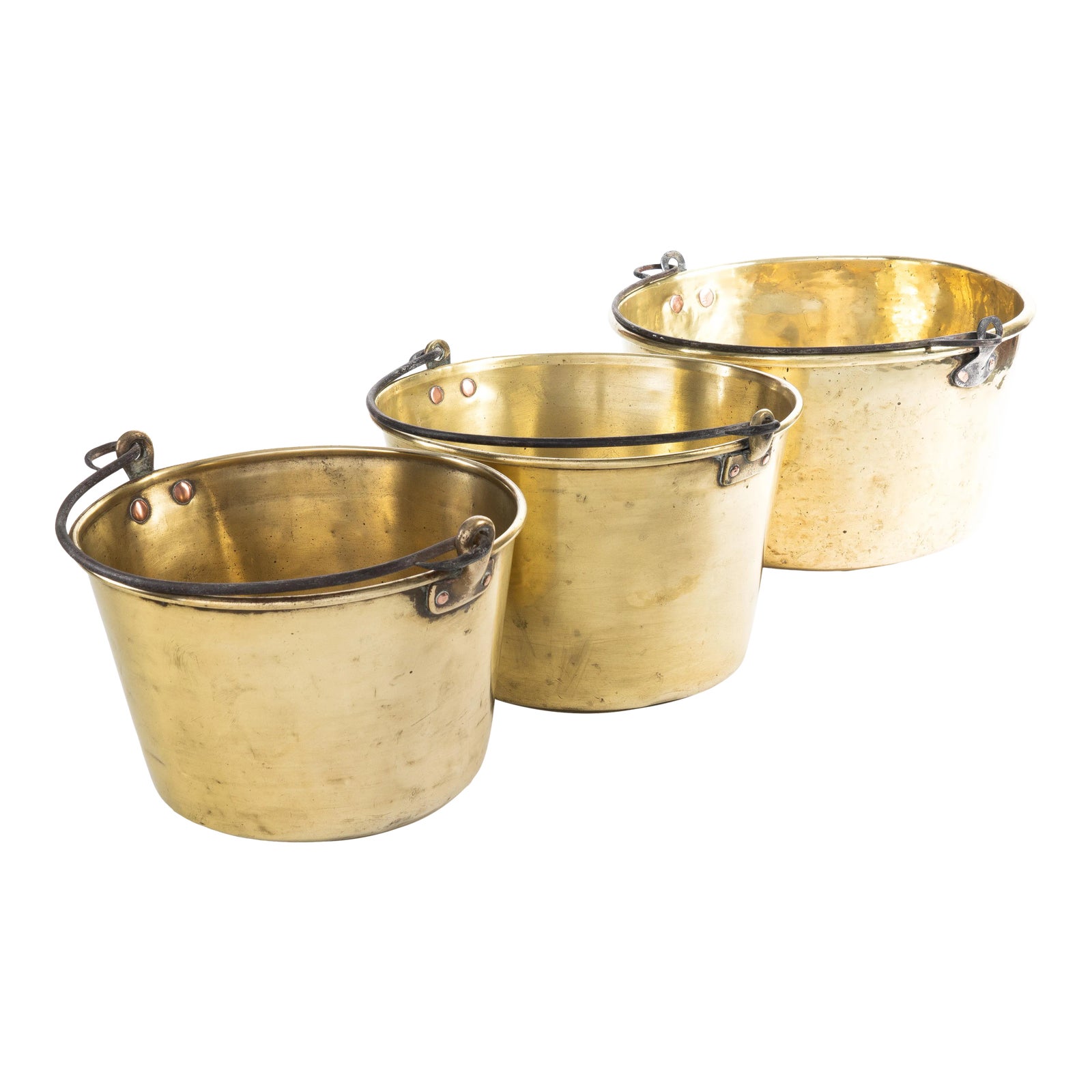 Late 19th Century Assembled Spun Brass Buckets With Steel Wire Handles ...