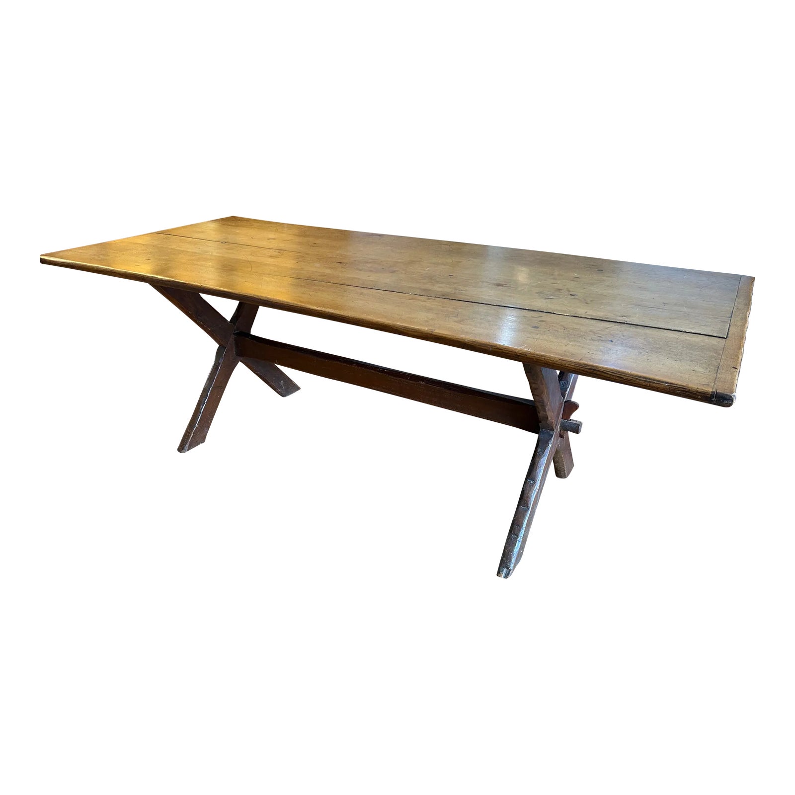 Early 19th Century English Pine Sawbuck Trestle Table | Chairish