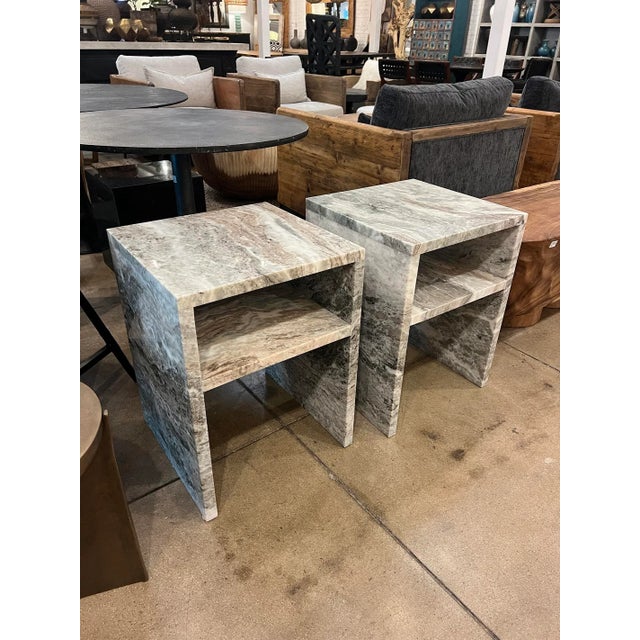 White & Grey Marble Bedside Table | Chairish