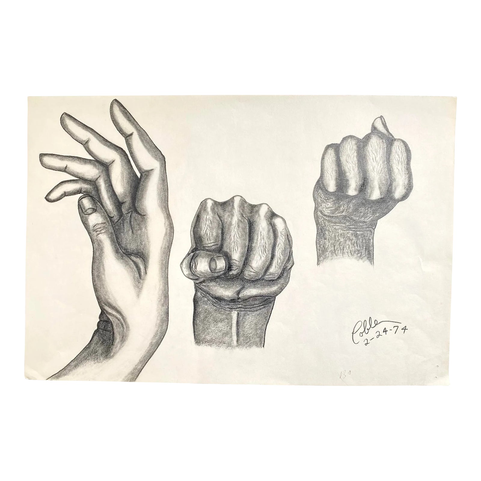 1974 Hand Study Drawing in Pencil by John Coble | Chairish