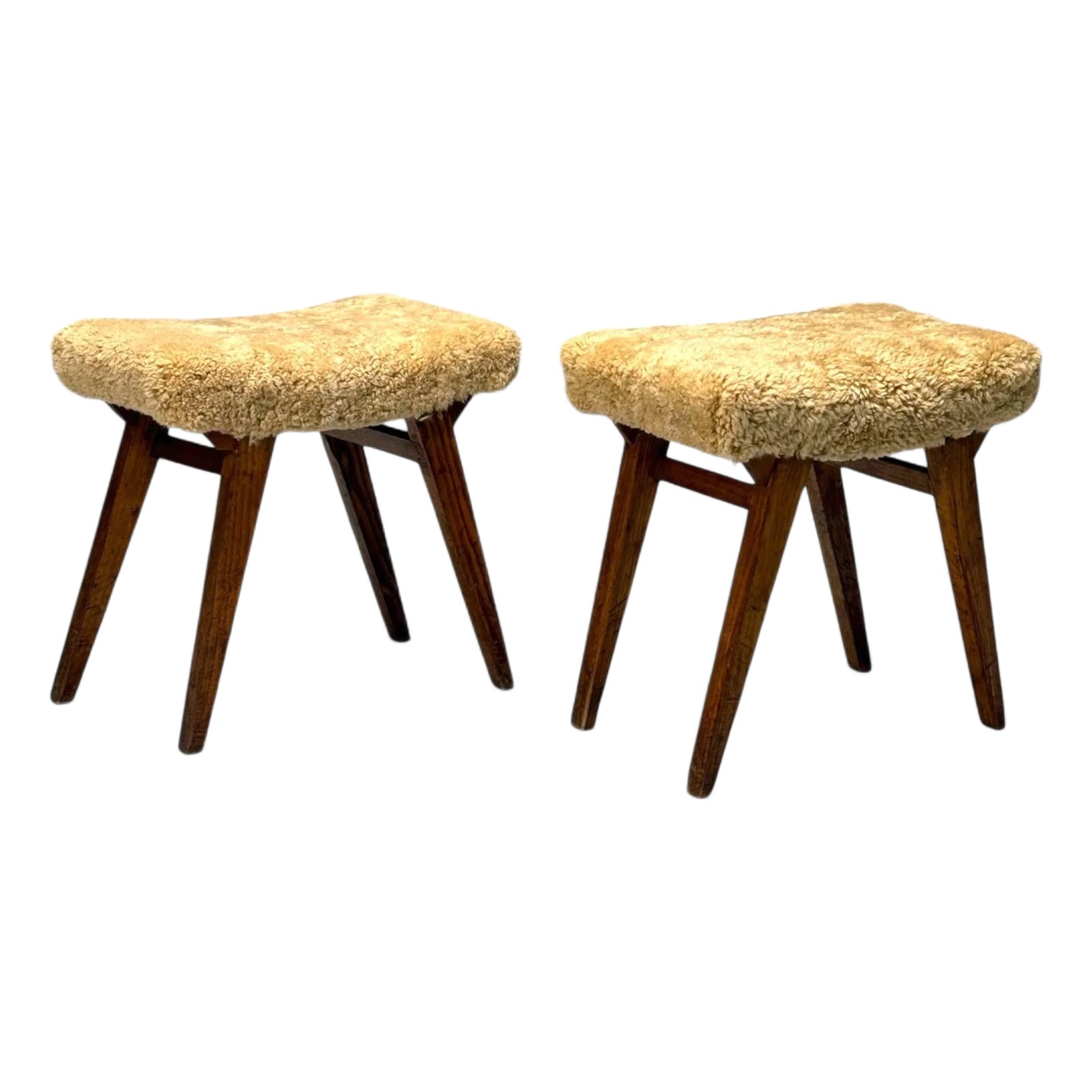 Italian Mid-Century Modern, Rustic Stools, Honey Shearling, Stained ...