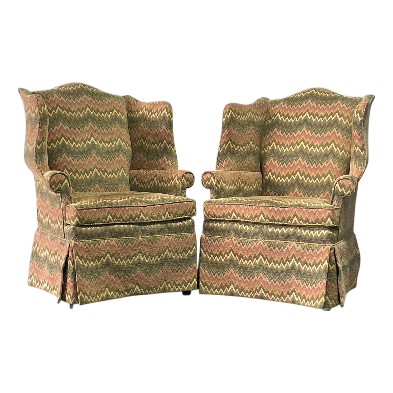 Groovy Flame Stitch Wing Chairs by Harden, a Pair, Wingback, Vintage ...