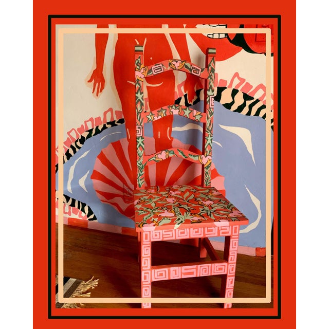 Orange Hand Painted Chair With Sage Leaves and Flaming Pink Hearts ...