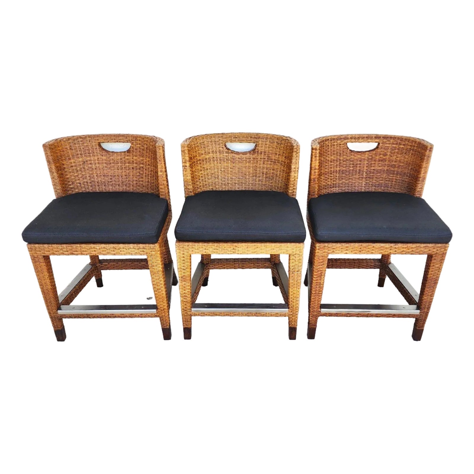 Ficks Reed MCM Wicker Counter Stools Set of 3 | Chairish