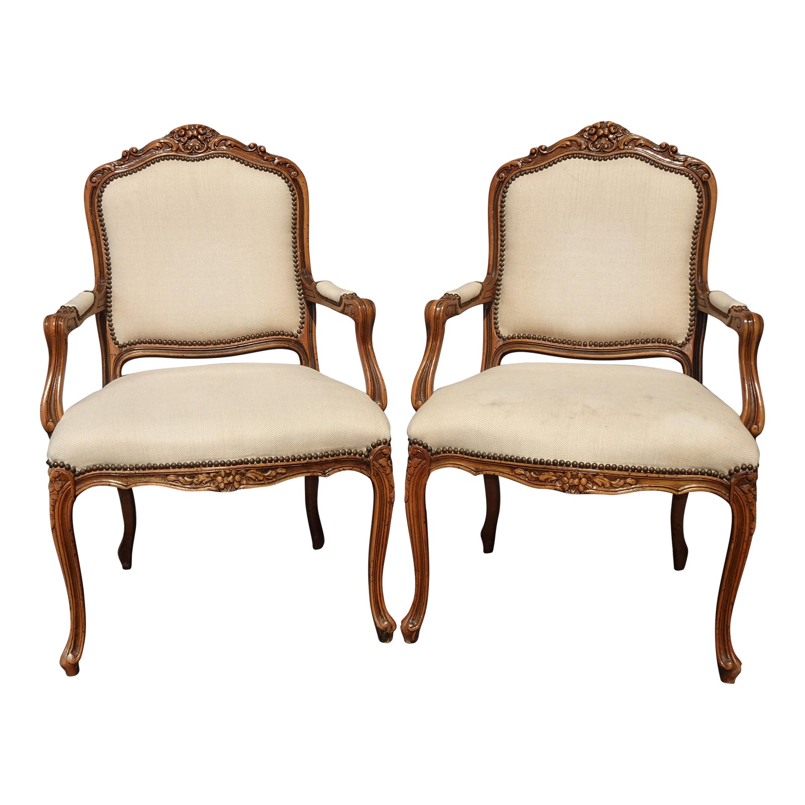 Pair French Bergere Carved Off White Chairs Louis XVI | Chairish